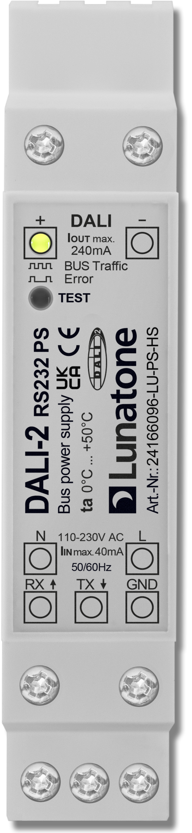 Lunatone interface module DALI-2 RS232 PS240mA DIN Rail, LUBA Protocol – 24166096-LU-PS-HS