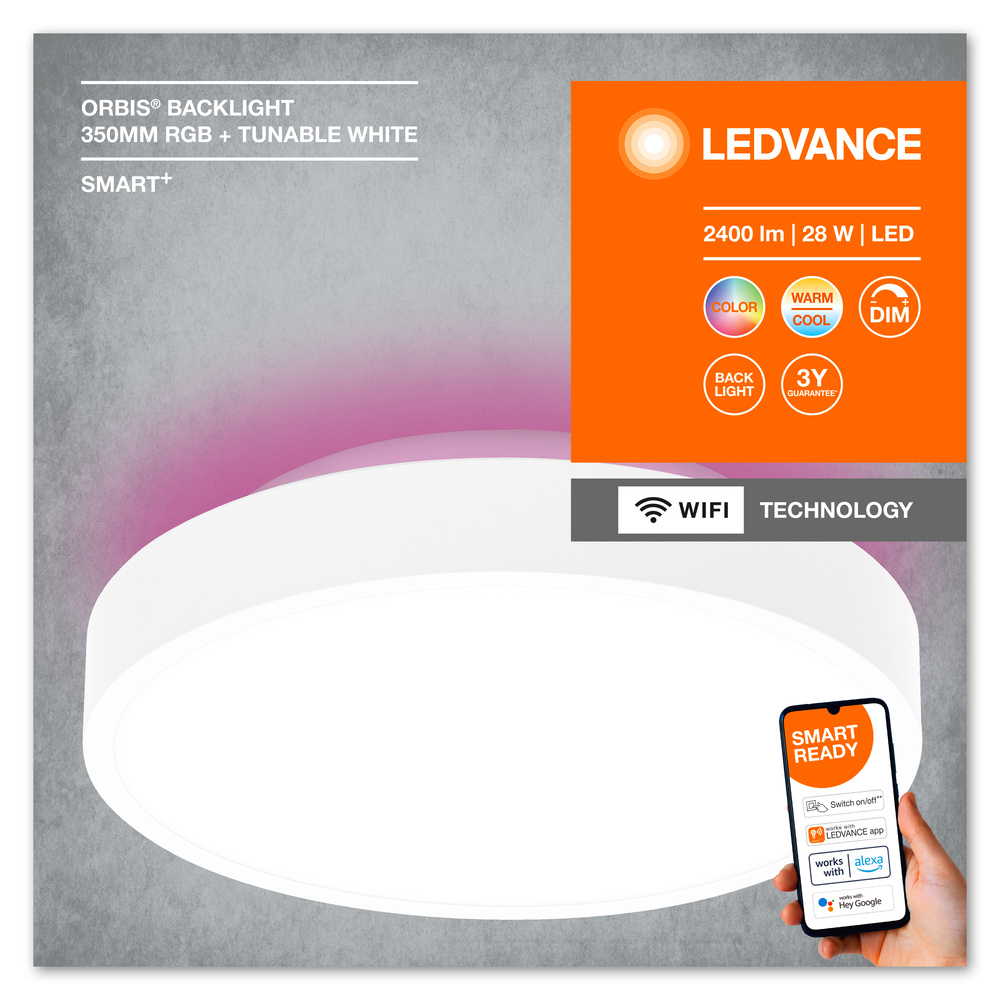 Ledvance LED ceiling luminaire with main and backlight TW RGB and dimmable Smart+ Orbis Ceiling ...