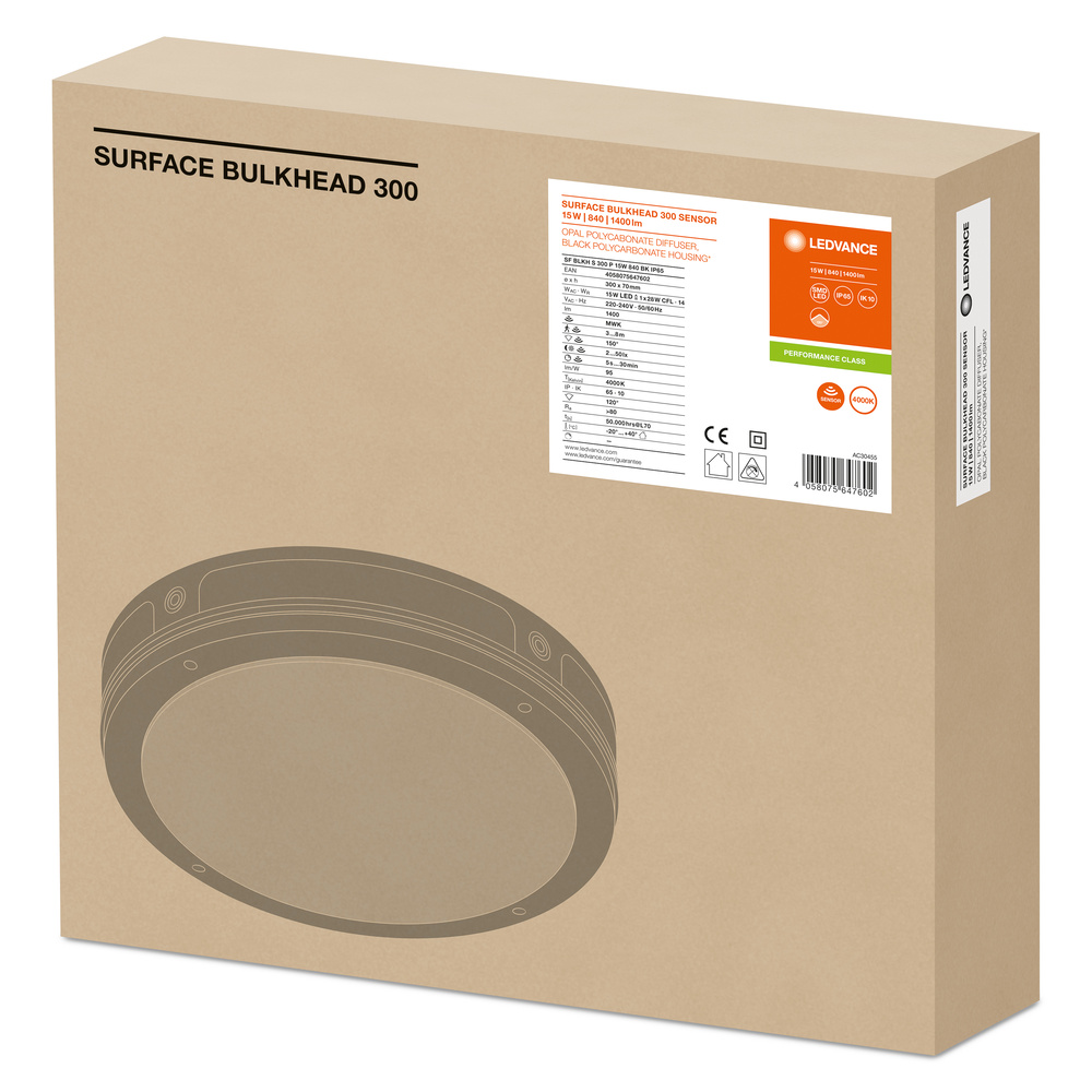 Ledvance LED wall and ceiling luminaire SURFACE BULKHEAD 300 SENSOR 15W 840 BK IP65